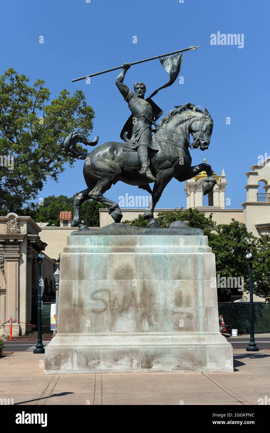 SAN DIEGO, CALIFORNIA - 25 AUG 2021: Closeup of the El Cid Statue in ...