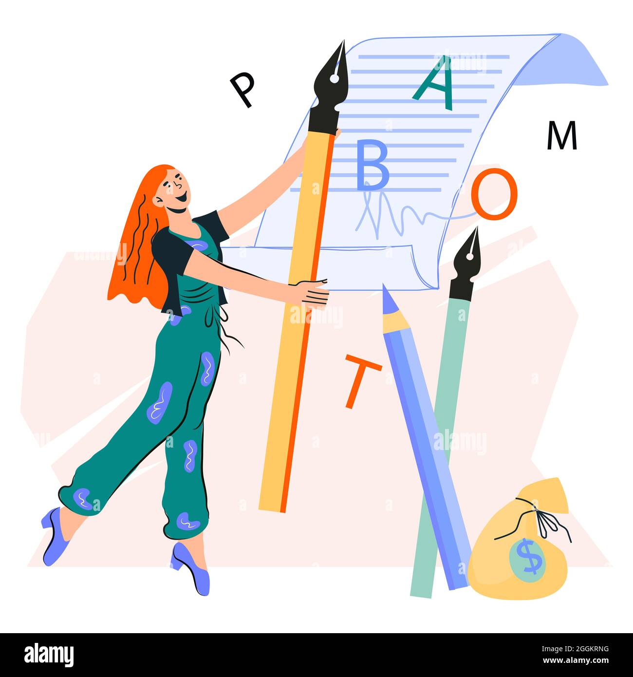 Professional copywriter female character writing article, flat cartoon ...