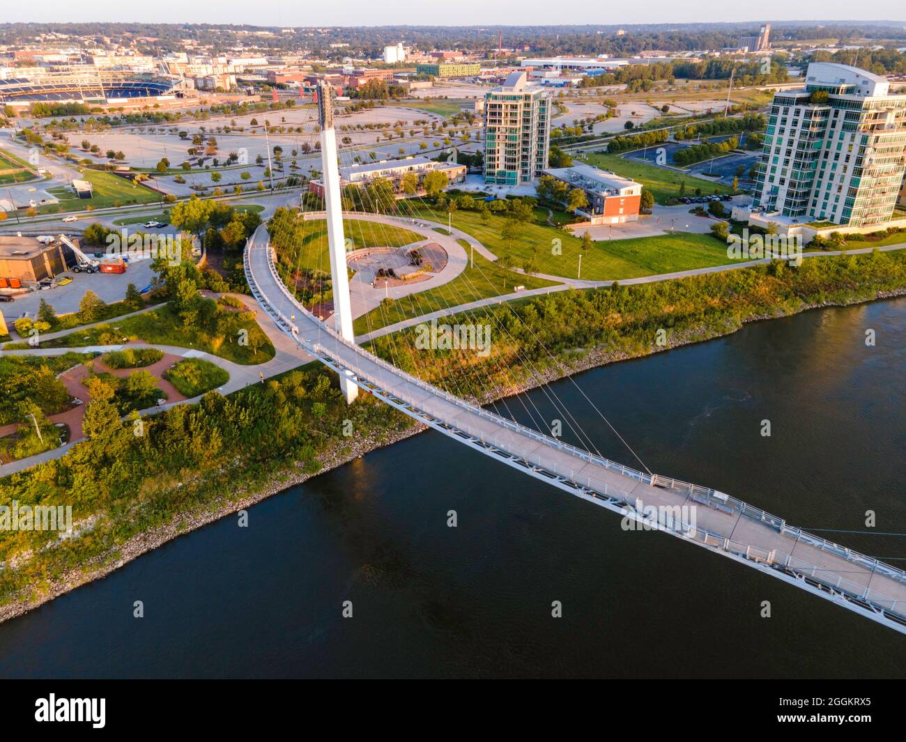 Aerial photograph of the Bob Kerrey Pedestrian Bridge that spans the ...