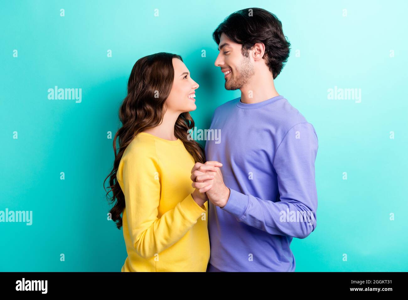 Profile side photo of young attractive couple happy positive smile ...