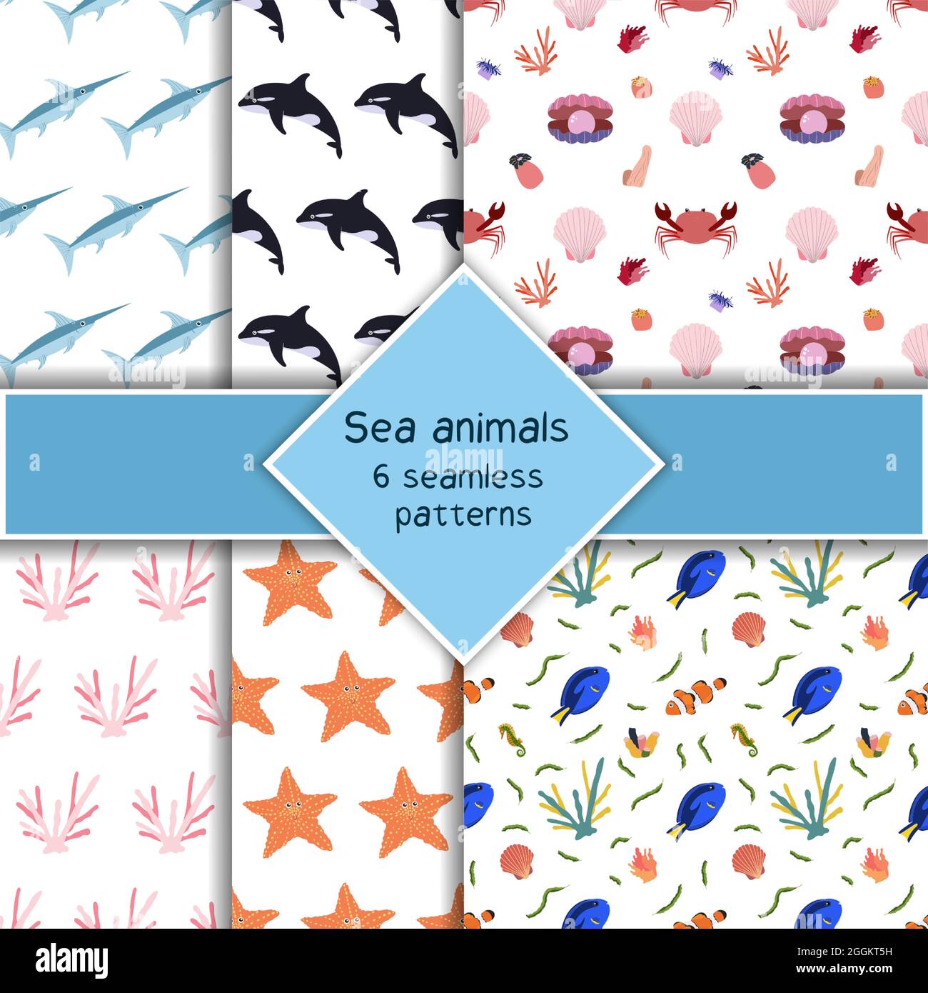 Set with six sea animal seamless pattern with killer whale, swordfish ...