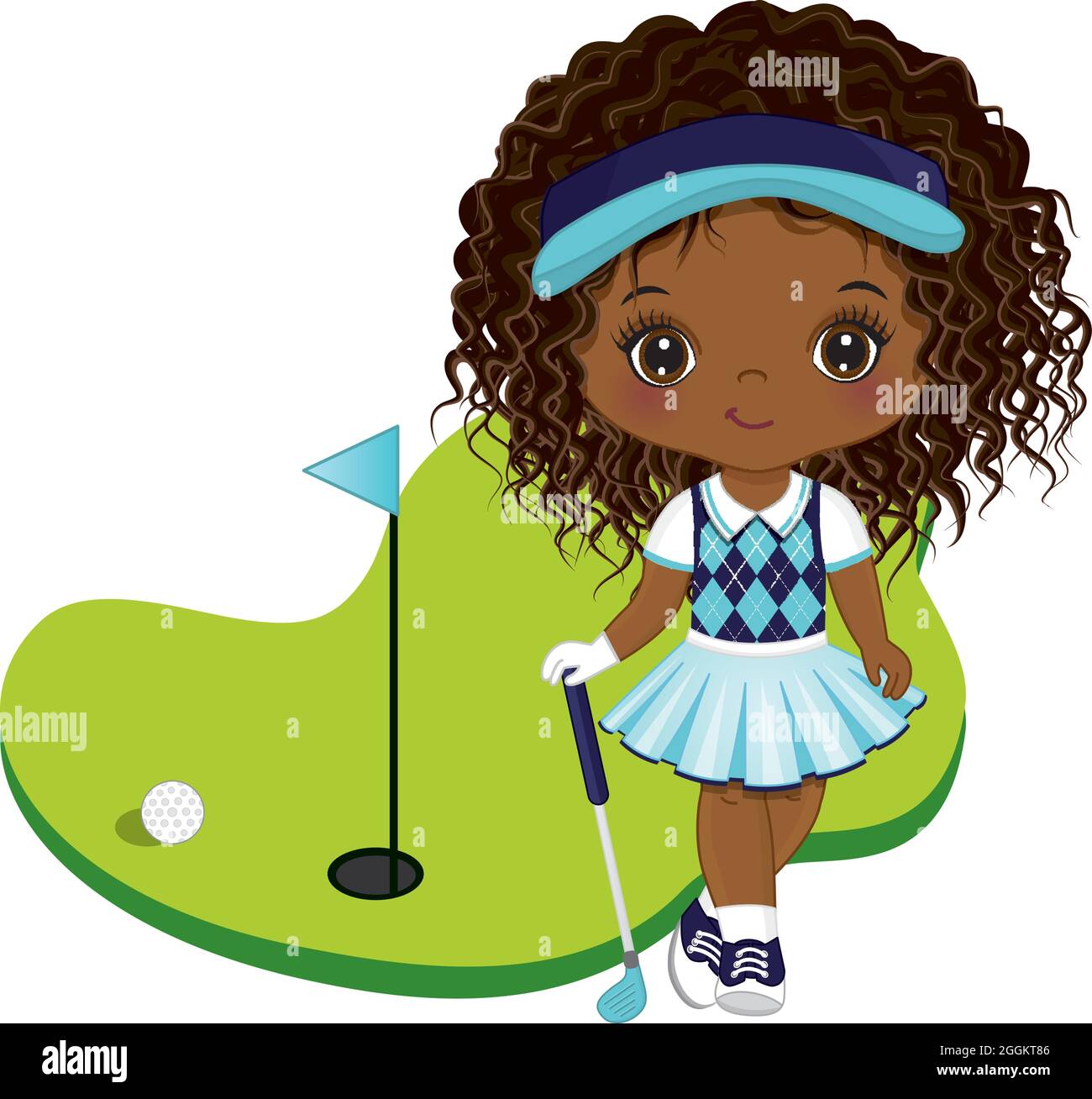 Cute Little African American Girl Playing Golf. Vector Little Golfer ...