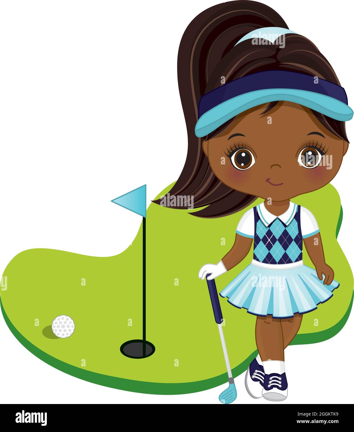 Cute Little African American Girl Playing Golf. Vector Little Golfer ...