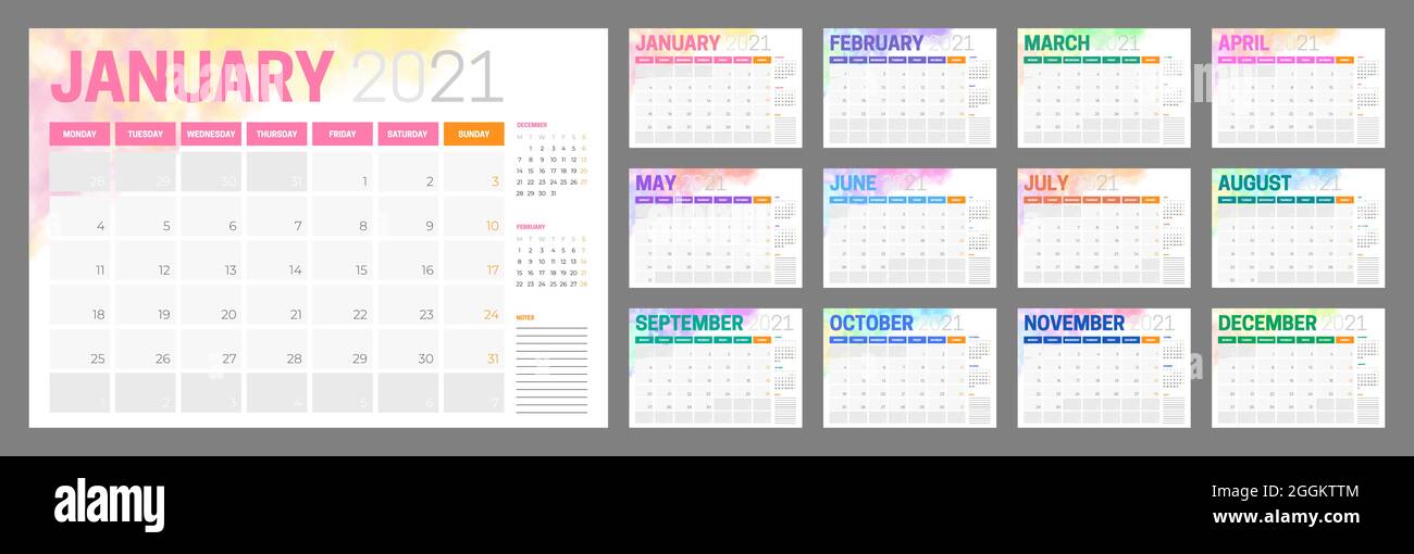 Colorful 2021 Calendar Design with Different Color for Every Month ...