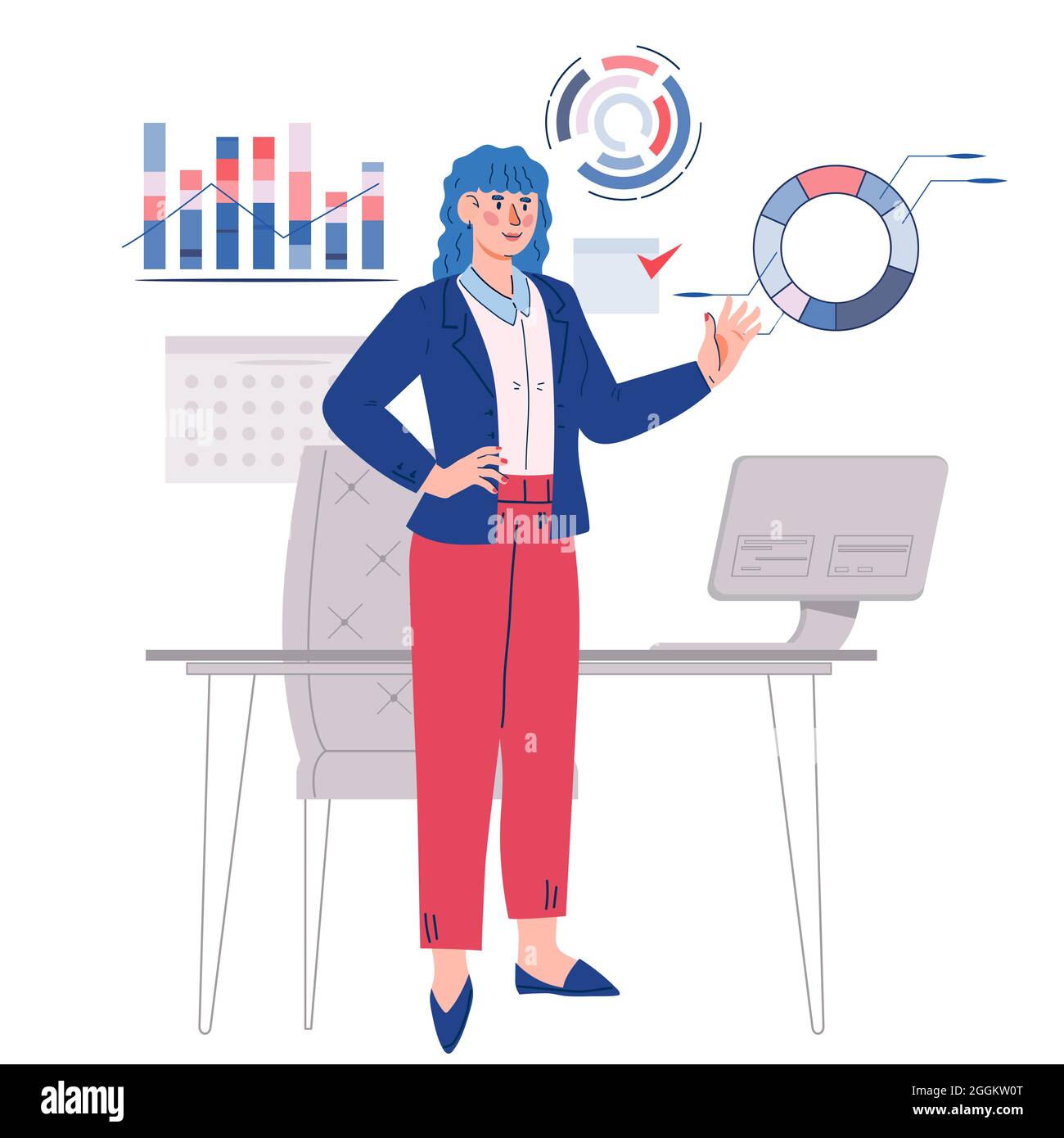 Successful business woman at her workplace, flat cartoon vector ...