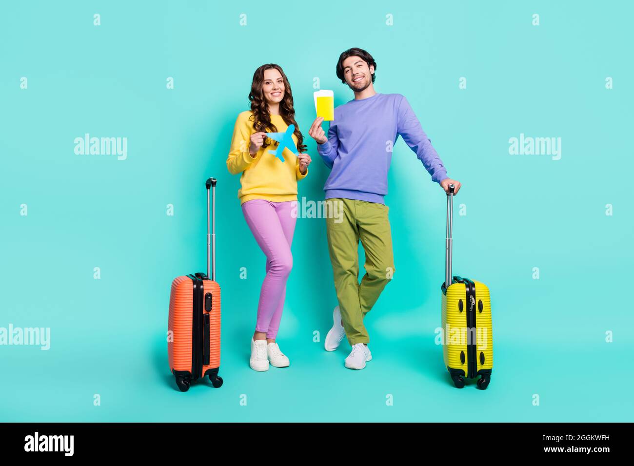 Full length photo of young couple happy positive smile ticket vacation ...