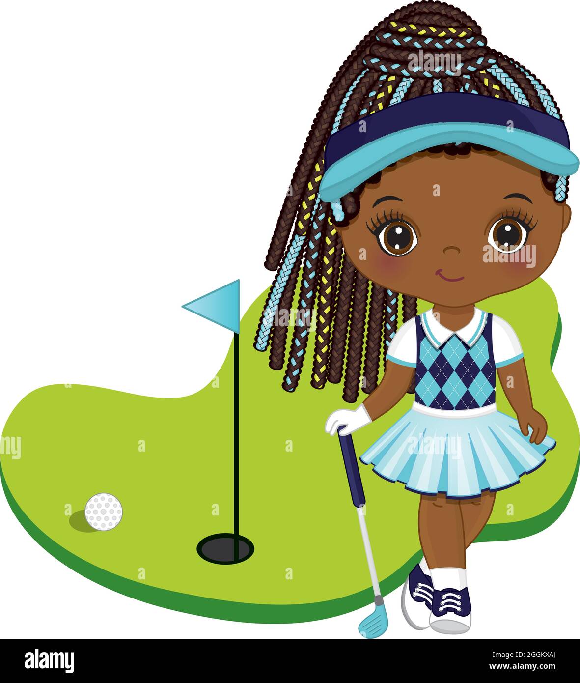 Cute Little African American Girl Playing Golf. Vector Little Golfer ...