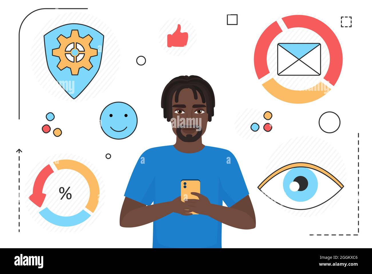 Online data protection, man character with mobile phone and line icons ...