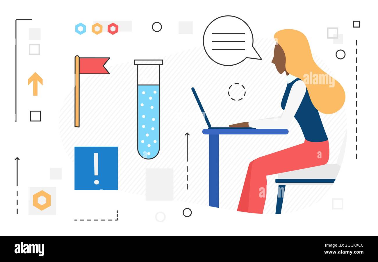 Science research, woman character with laptop and researching line icon ...