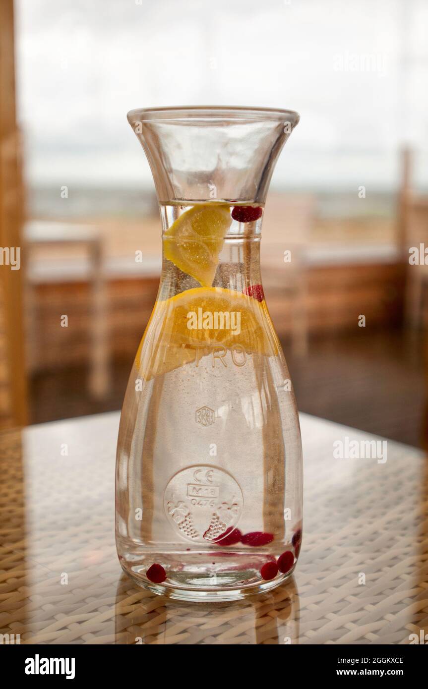 Beautiful water pitcher on a table of a restaurant along the Estonian ...