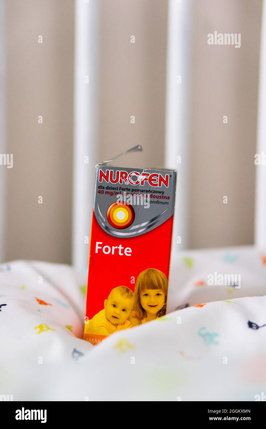 POZNAN, POLAND - Aug 10, 2021: A Polish Nurofen syrup for kids against ...
