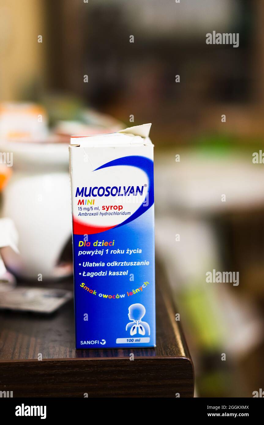 POZNAN, POLAND - Aug 10, 2021: A Polish Mucosolvan syrup for kids ...
