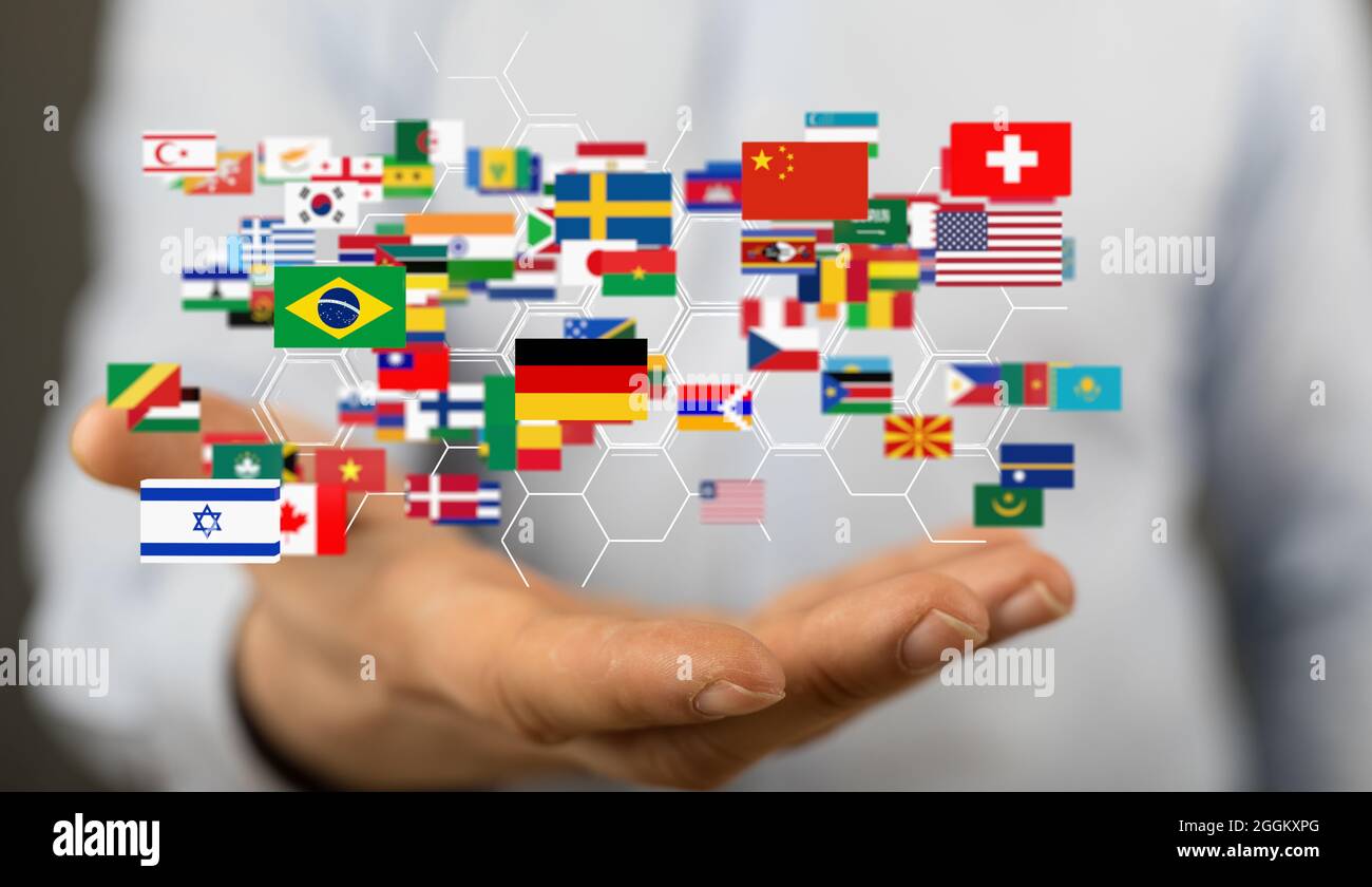 3D rendered stickers of different countries hovering over a person's ...