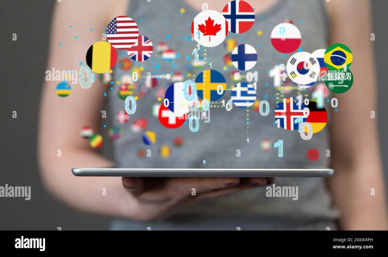 3D rendered stickers of different countries hovering over a person's ...