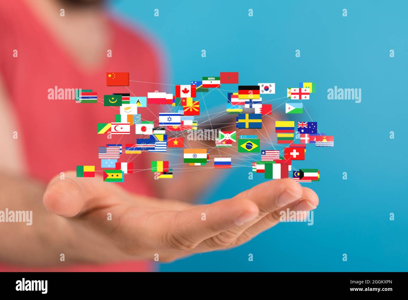 3D rendered stickers of different countries hovering over a person's ...