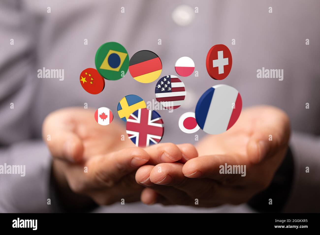 3D rendered stickers of different countries hovering over a person's ...