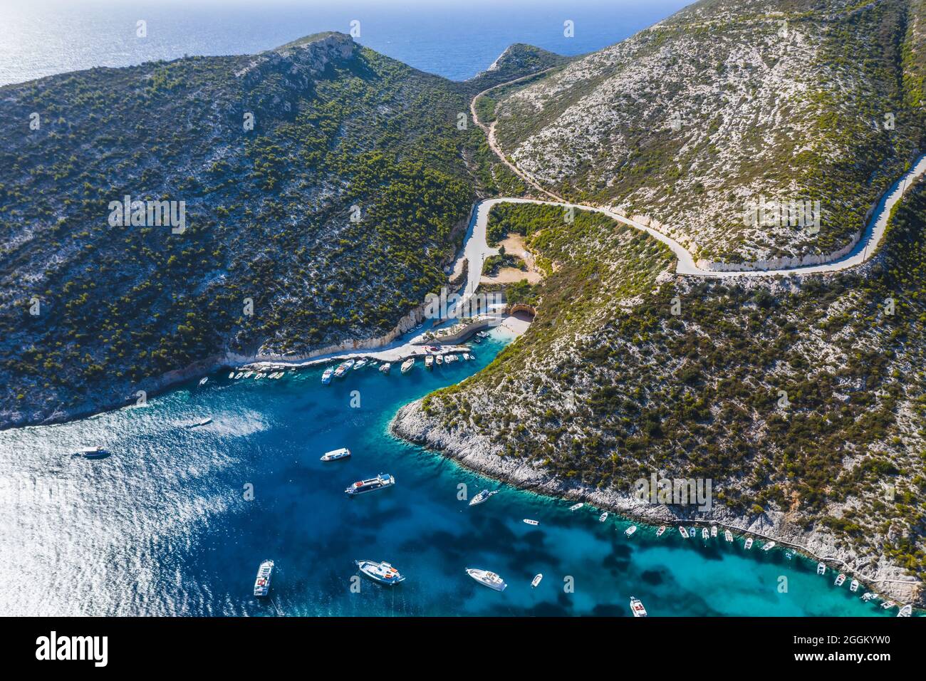 Greece, Aerial view of beautiful Porto Vromi with many fisher and ...