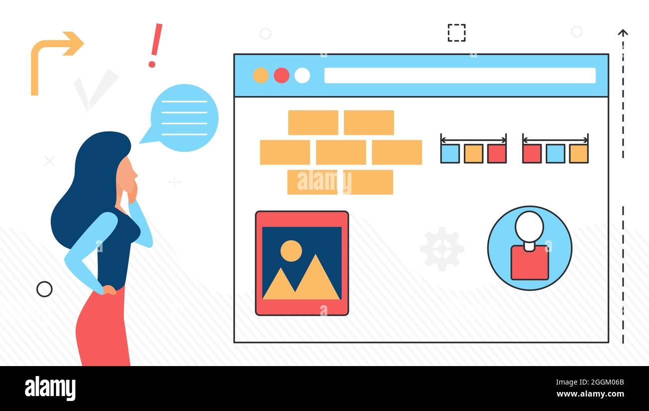 Website development, woman character and web content analysis line icon ...