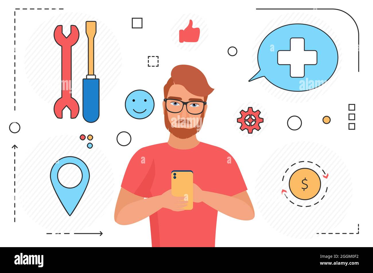 Online support to help man character with mobile phone and line icons ...