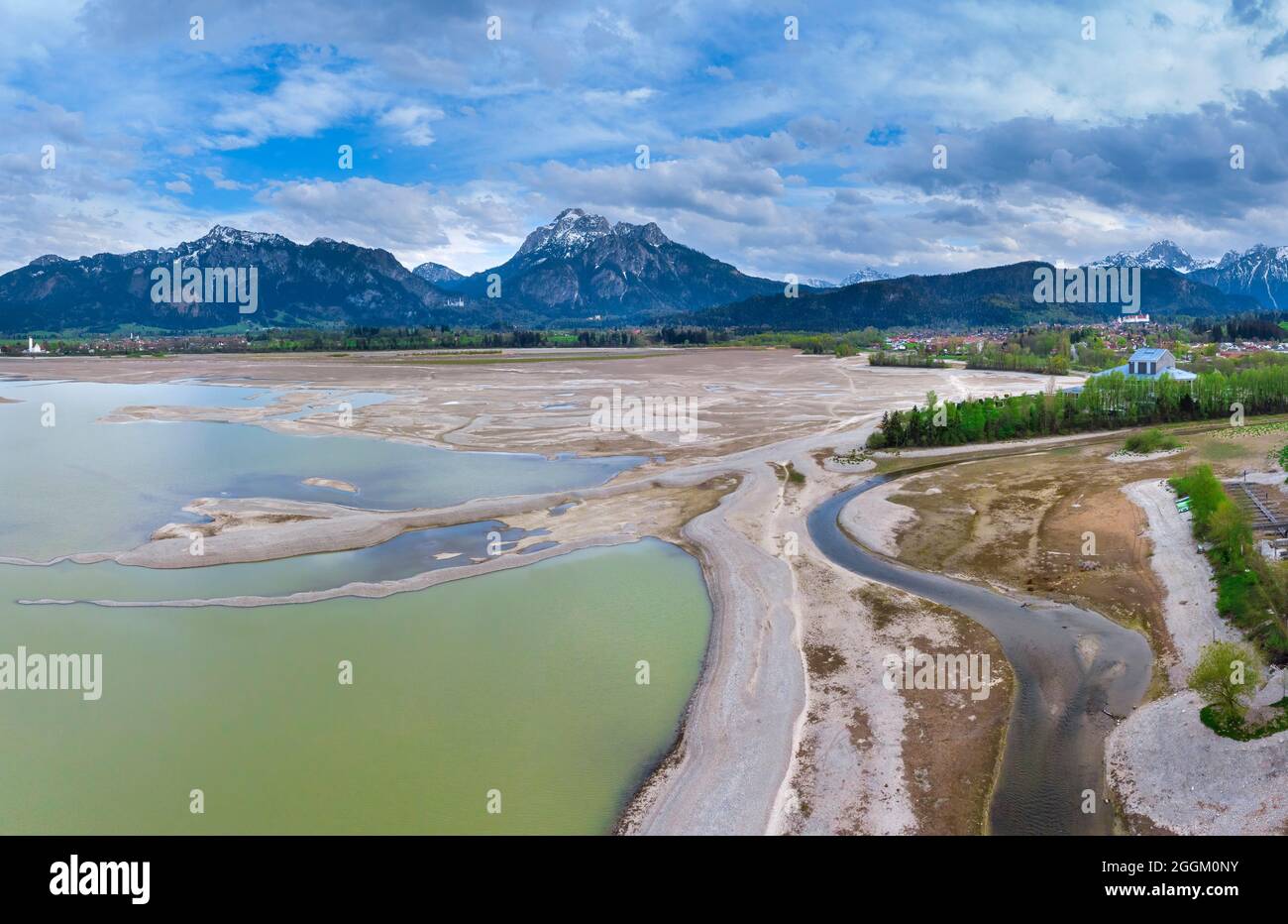 Reservoir Forggensee with sandbanks at low water, drone image ...