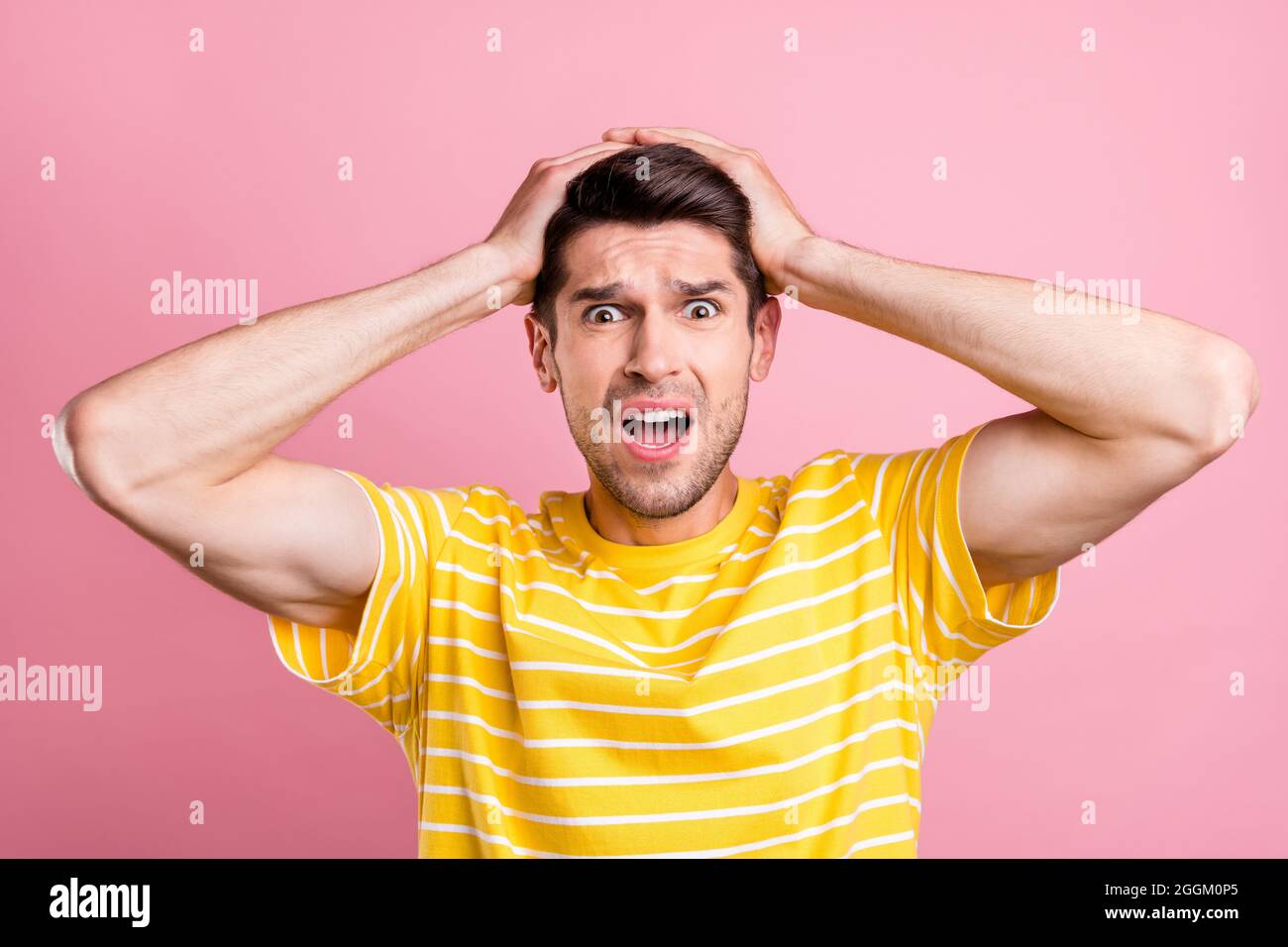 Portrait of attractive gloomy sullen worried guy bad news reaction ...