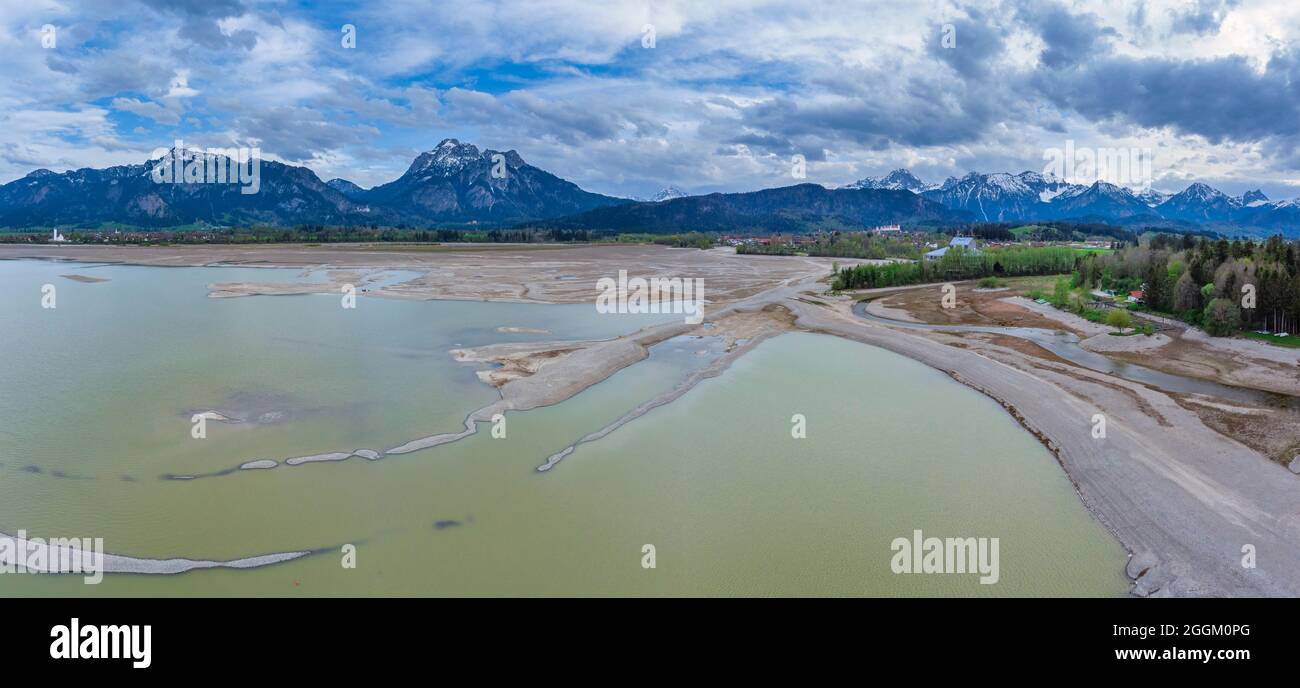 Reservoir Forggensee with sandbanks at low water, drone image ...