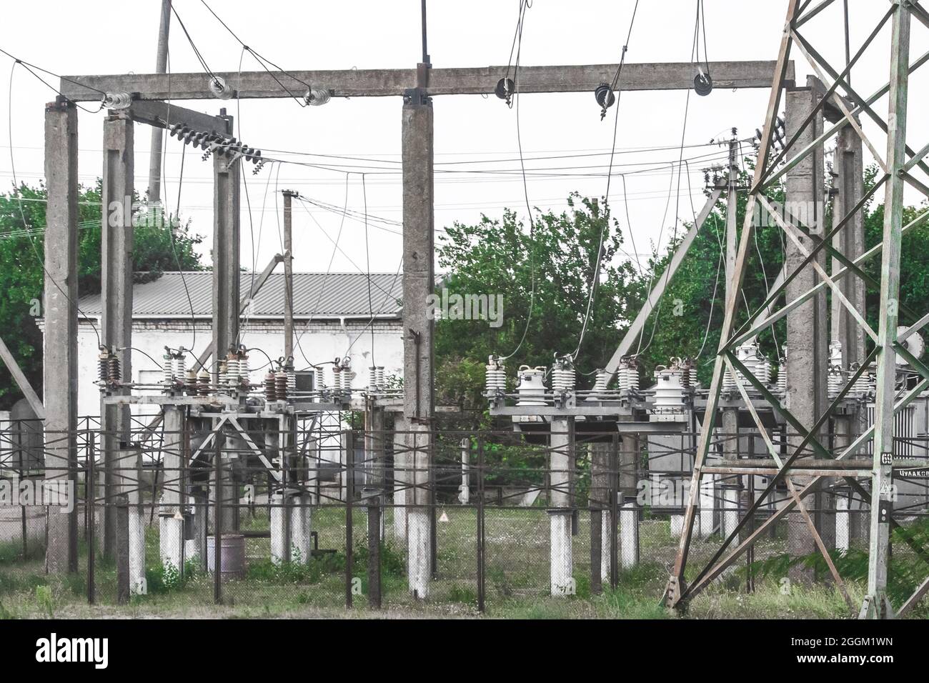Electric substation with high-voltage lines, dangerous generators Stock ...
