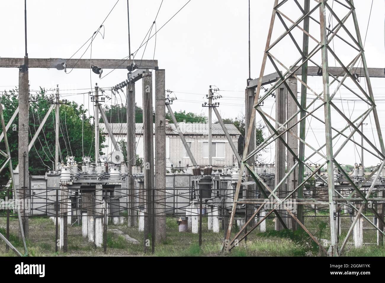 Electric substation with high-voltage lines, dangerous generators Stock ...