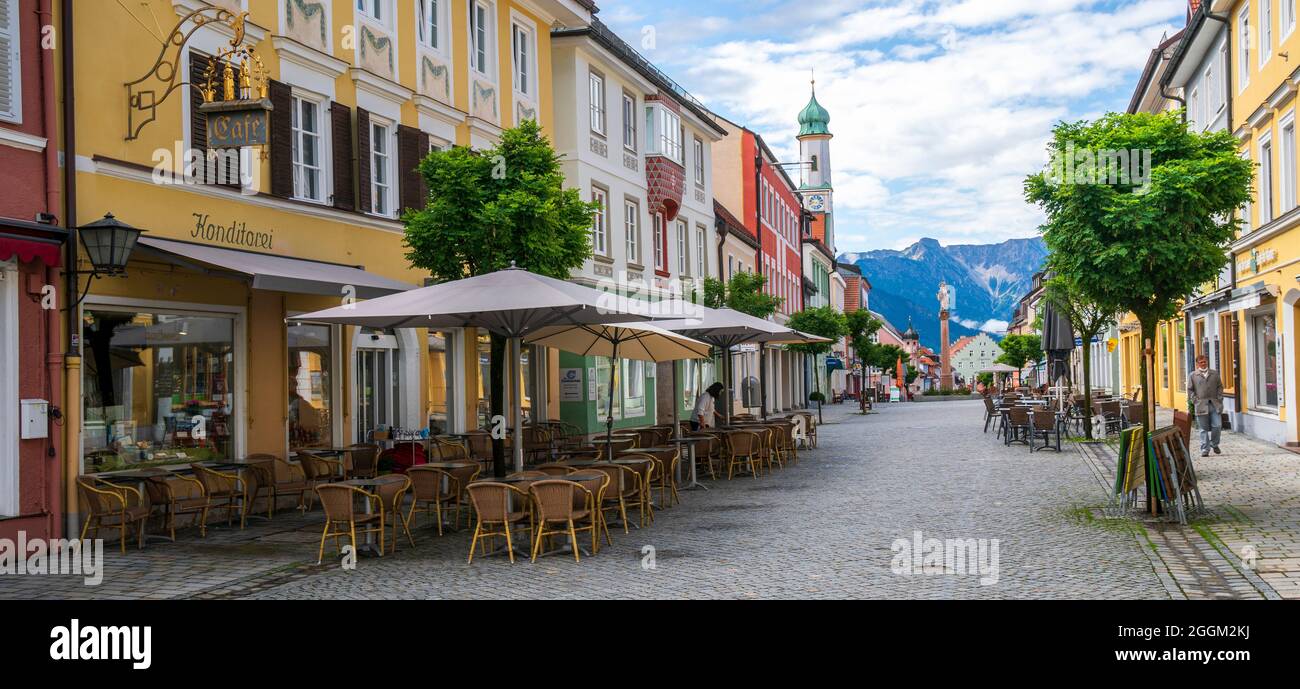 The historic pedestrian zone in the old town of Murnau in the Blaue ...