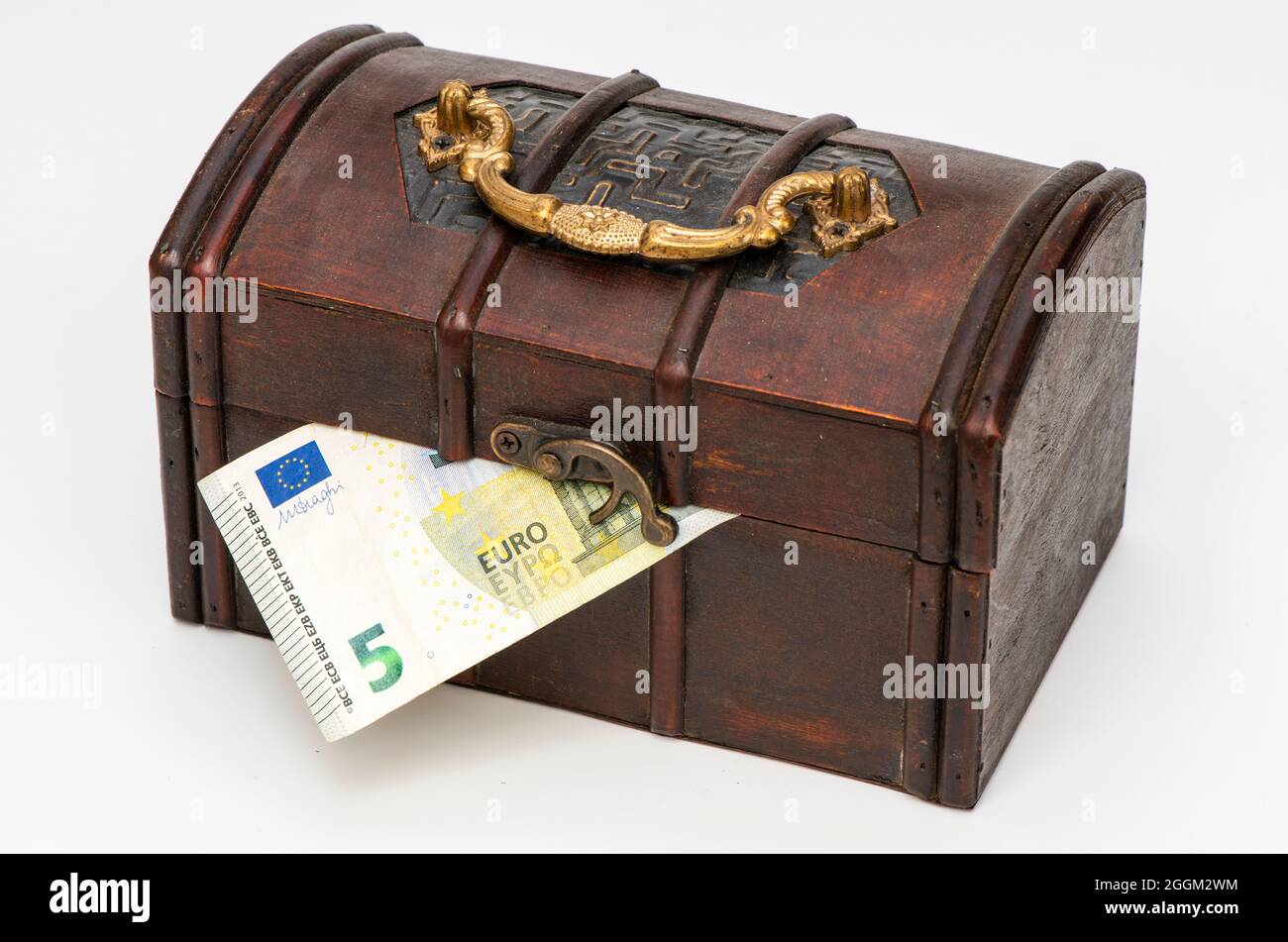 Treasure chest and wooden box with euro banknote Stock Photo - Alamy