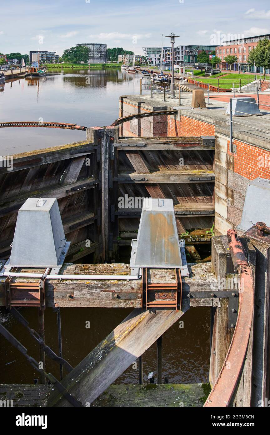 Hanseatic city of Stade, northern moat, city harbor, flood protection ...
