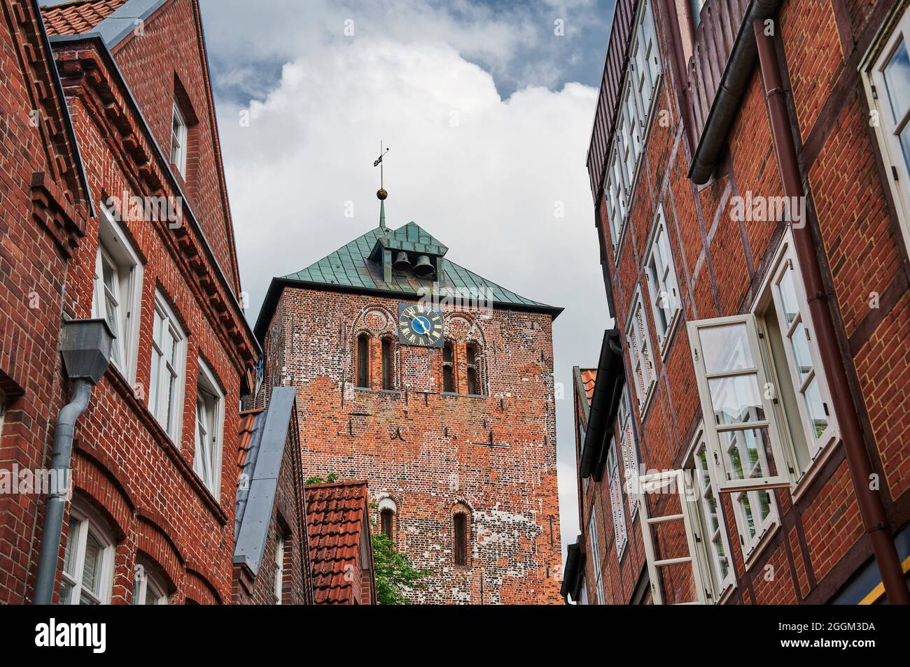 Hanseatic city of Stade, alley with church tower of St. Wilhadi bishop ...