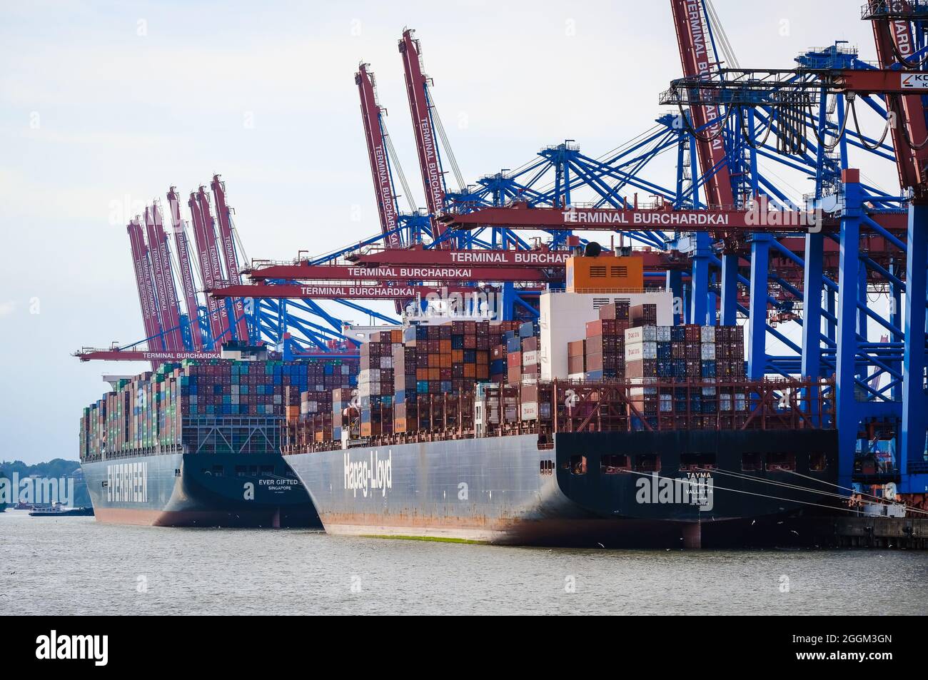 Hamburg, Germany - Container ships in the Port of Hamburg, the Tayma ...