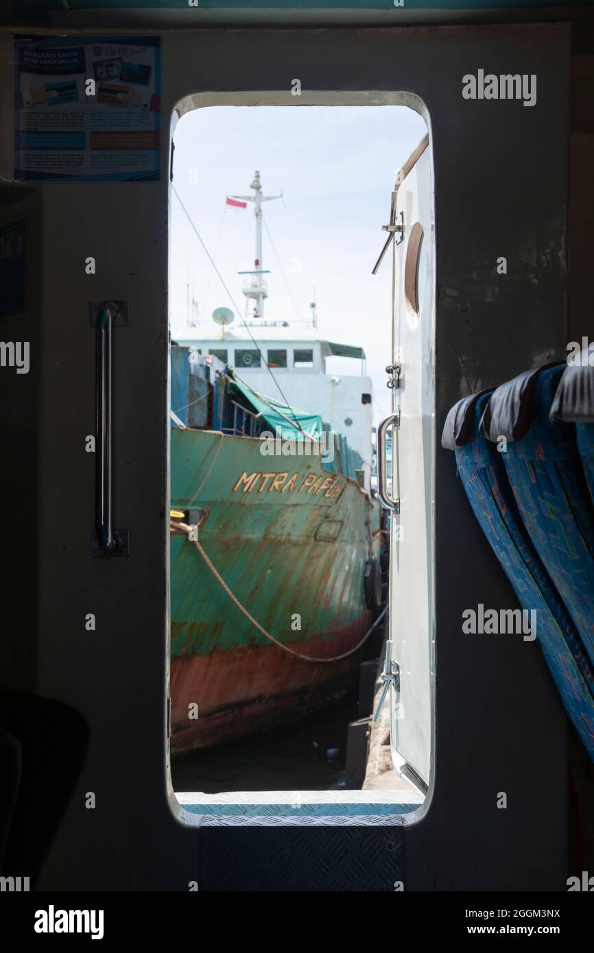 Sorong, Indonesia - Oct 3, 2019: View from inside a ferry, through an ...