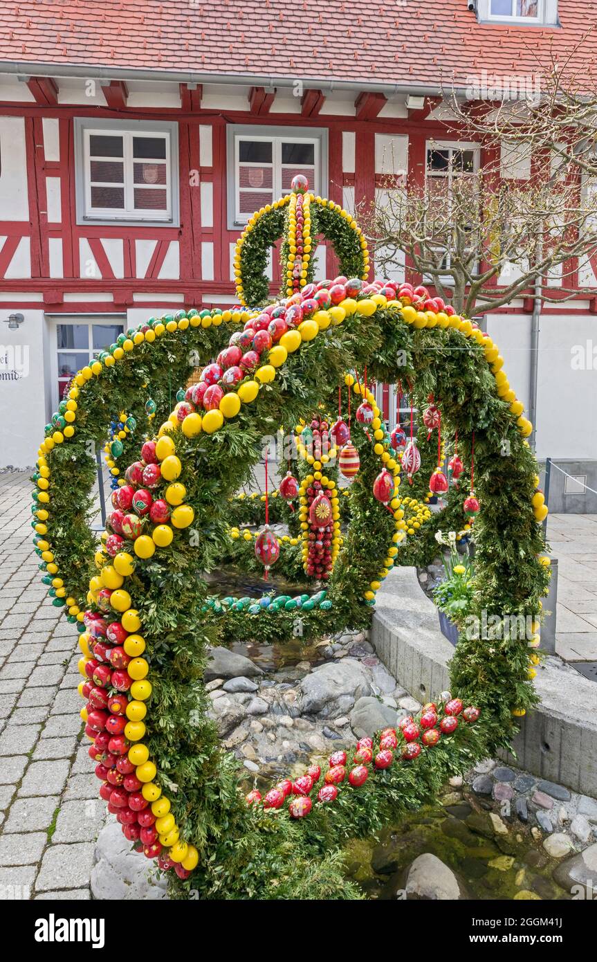 Germany, Baden-Wuerttemberg, Oberstadion, Easter fountain with painted ...