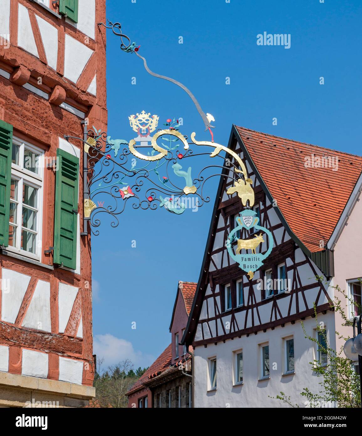 Germany, Baden-Wuerttemberg, Münsingen, wrought iron boom at the ...