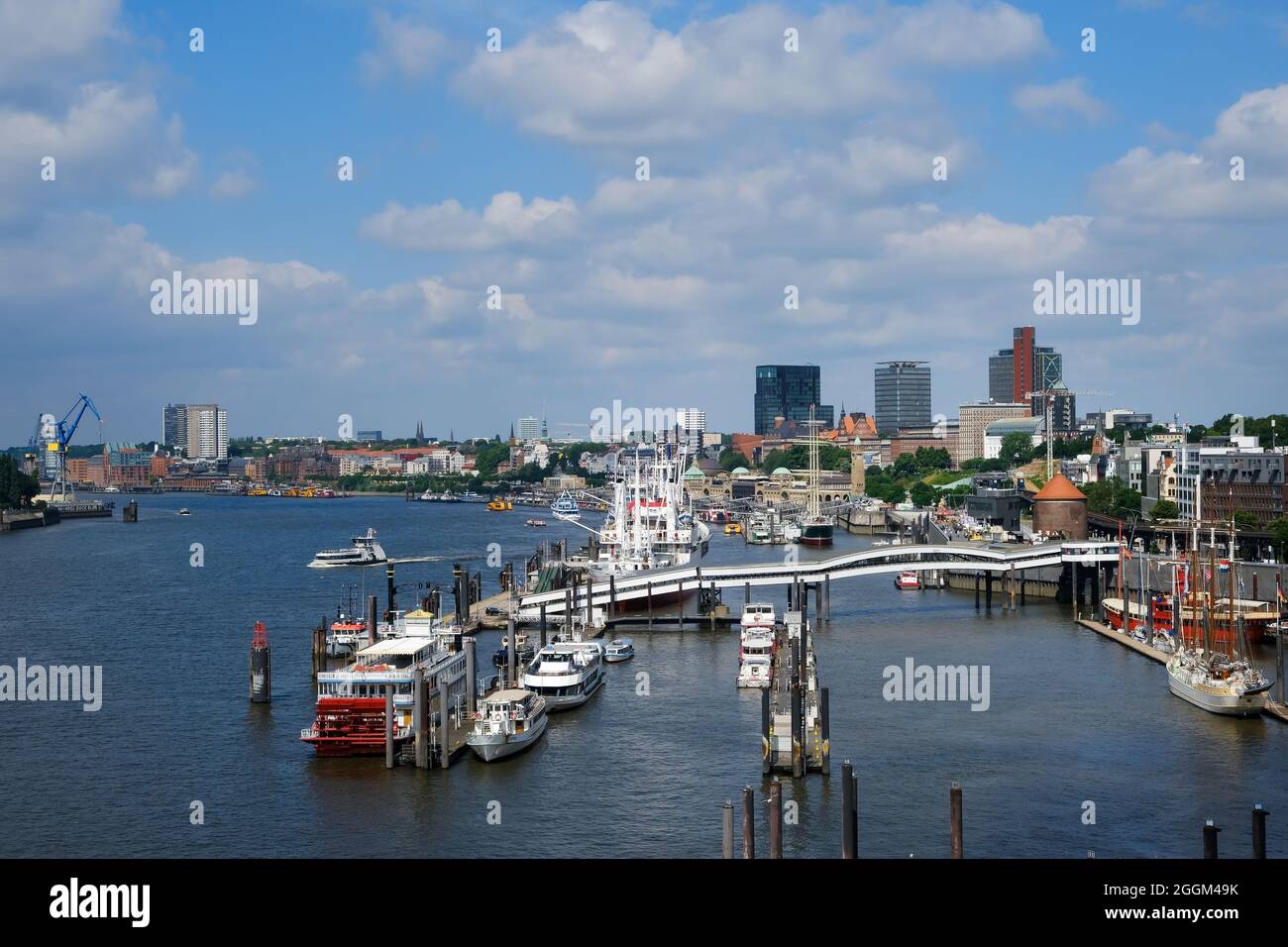 Hamburg, Germany - city view of Hamburg harbor, with Elbe promenade ...