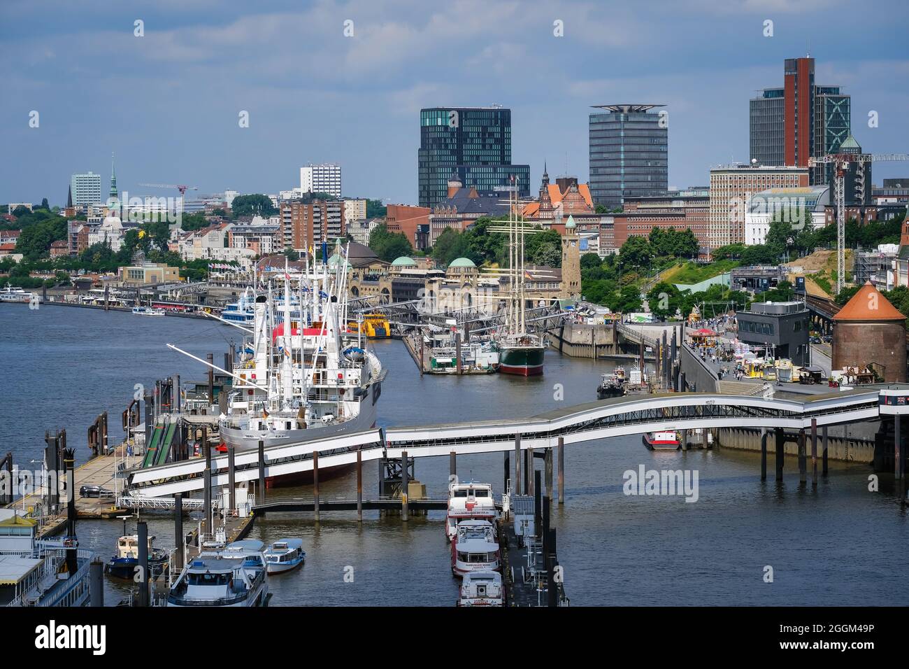 Hamburg, Germany - city view of Hamburg harbor, with Elbe promenade ...
