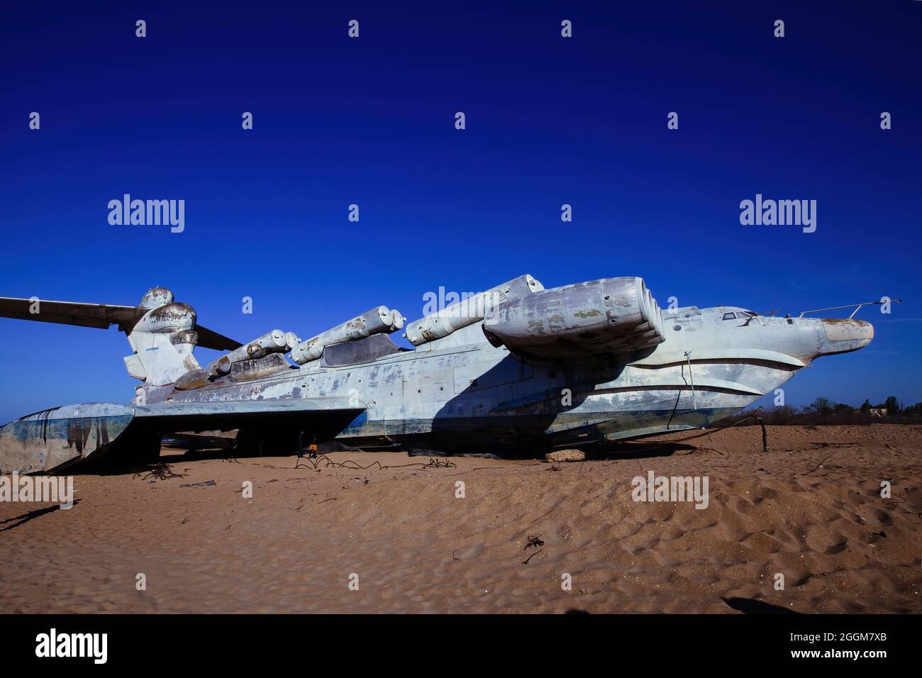 Abandoned Soviet Lun-class ekranoplan on the coast of the Caspian Sea ...
