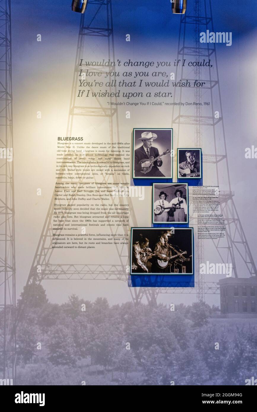 A wall display of bluegrass music on the radio inside the Blue Ridge ...