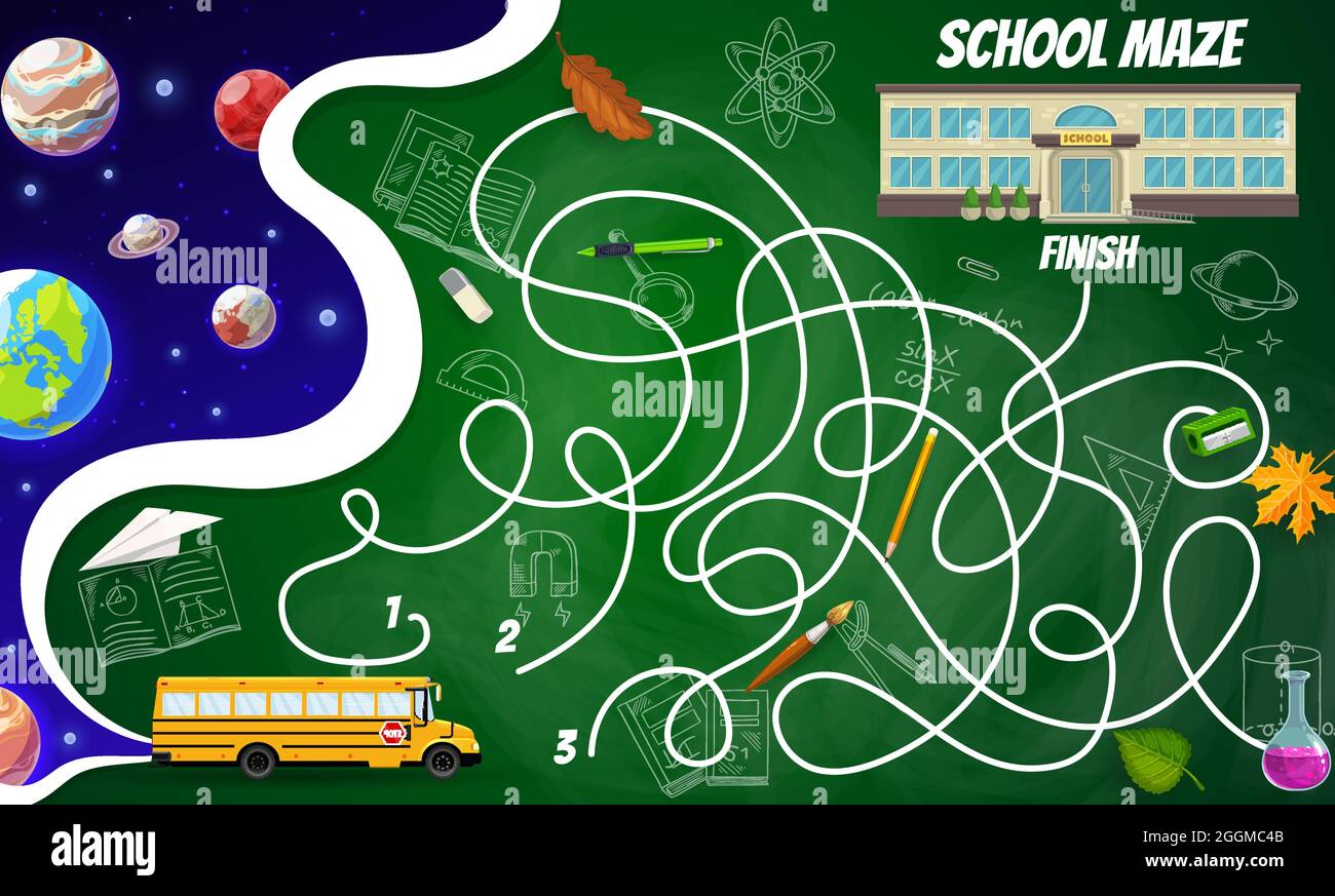 Labyrinth maze space planets and stars, school building, bus ...