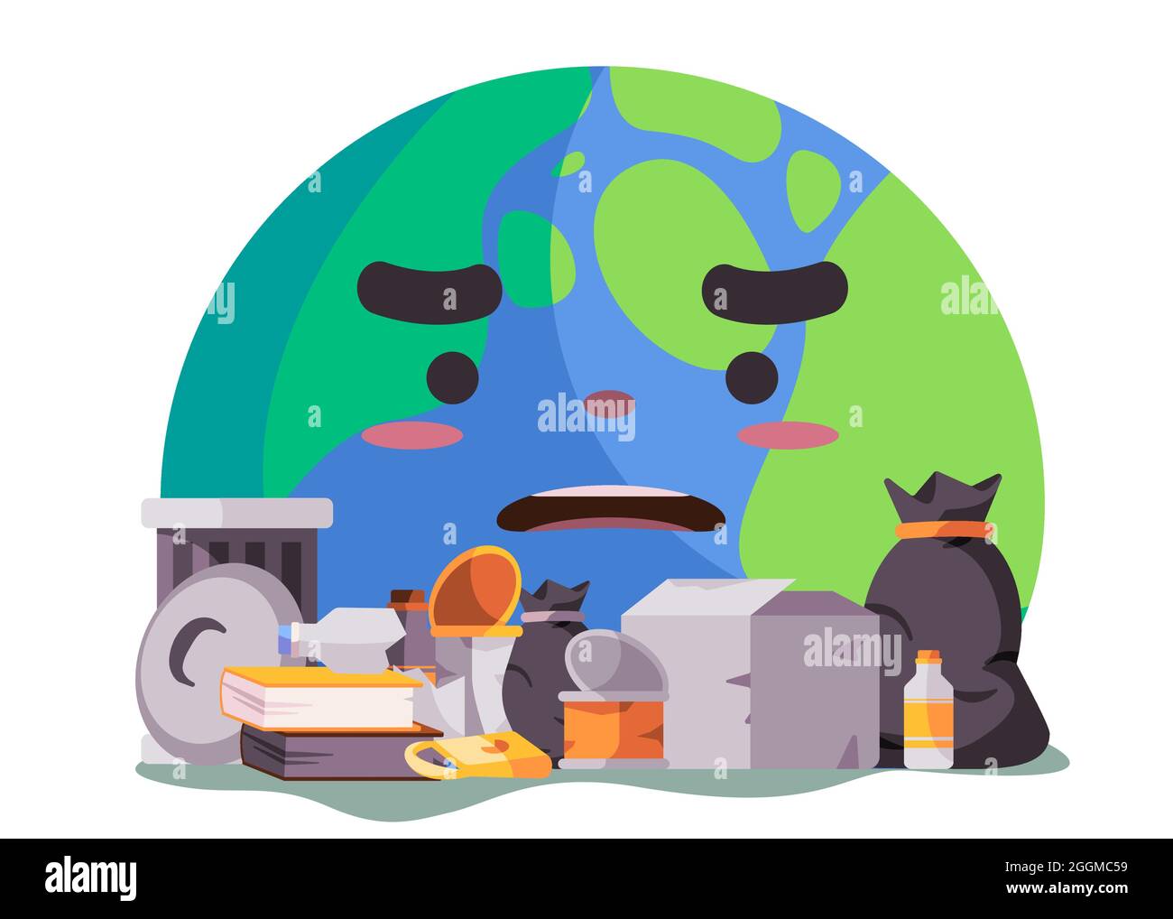 earth globe sad with dirty various trash bin garbage waste likes cans ...