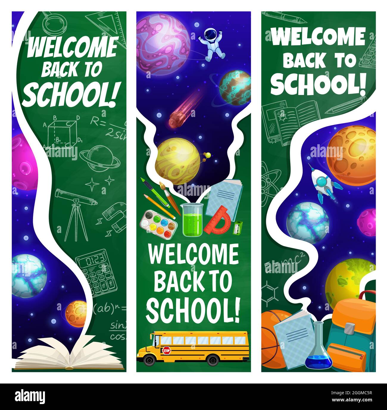 Back to school banners with galaxy, space planets, astronaut, school ...