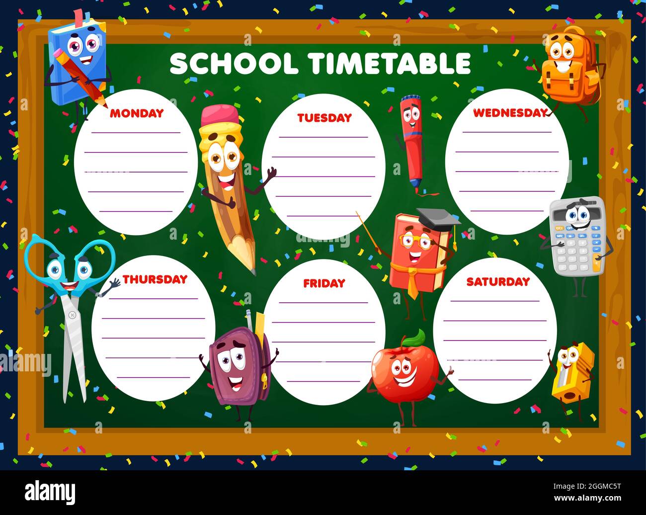 Education timetable schedule with cartoon school stationery characters ...