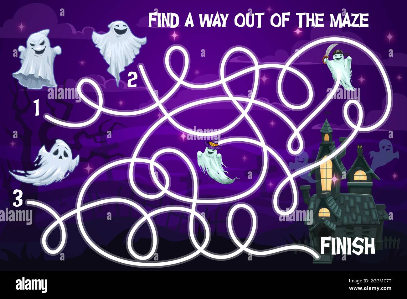 Halloween kids labyrinth maze game with funny ghosts. Vector puzzle ...