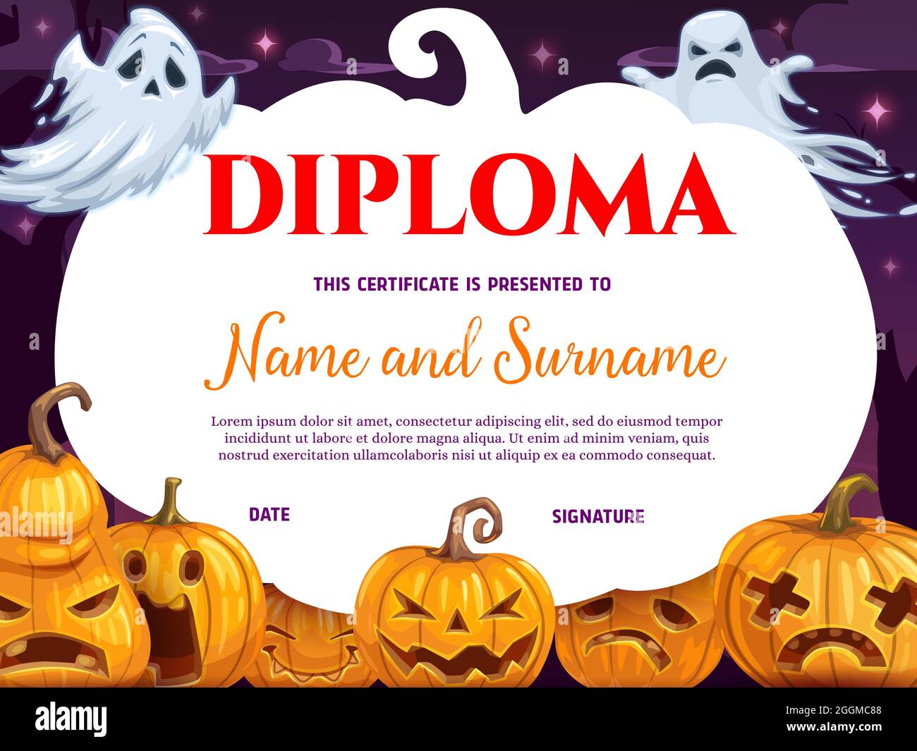Children graduation diploma with Halloween pumpkin and ghosts. Spooky ...