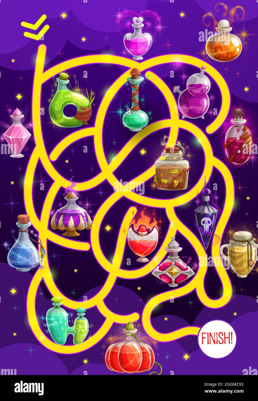 Kids maze game with potion bottles, vector labyrinth puzzle find ... Kids maze game with potion bottles, vector labyrinth puzzle find ...
