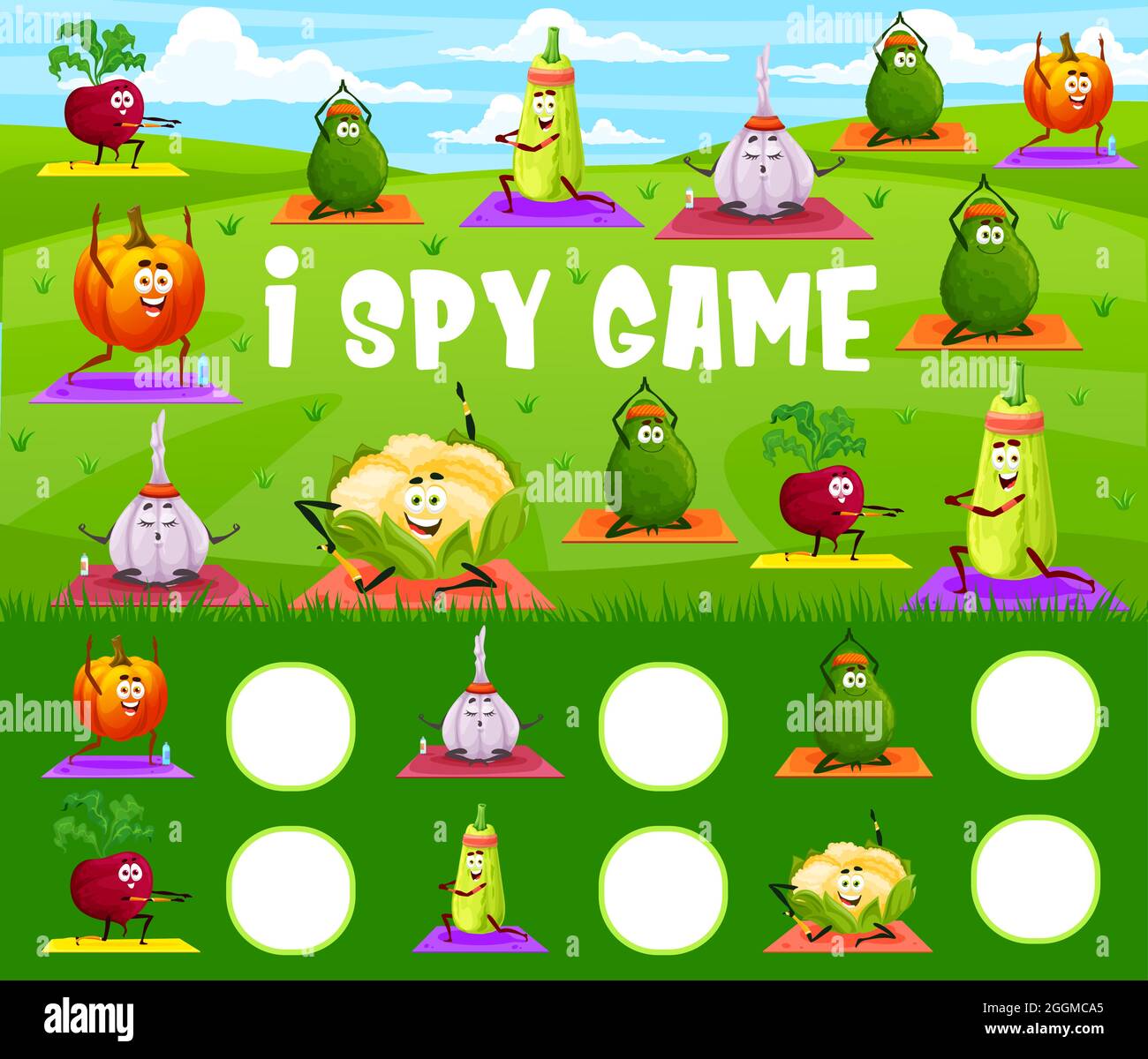 I spy game, cartoon vegetables on yoga or pilates fitness, vector kids ...