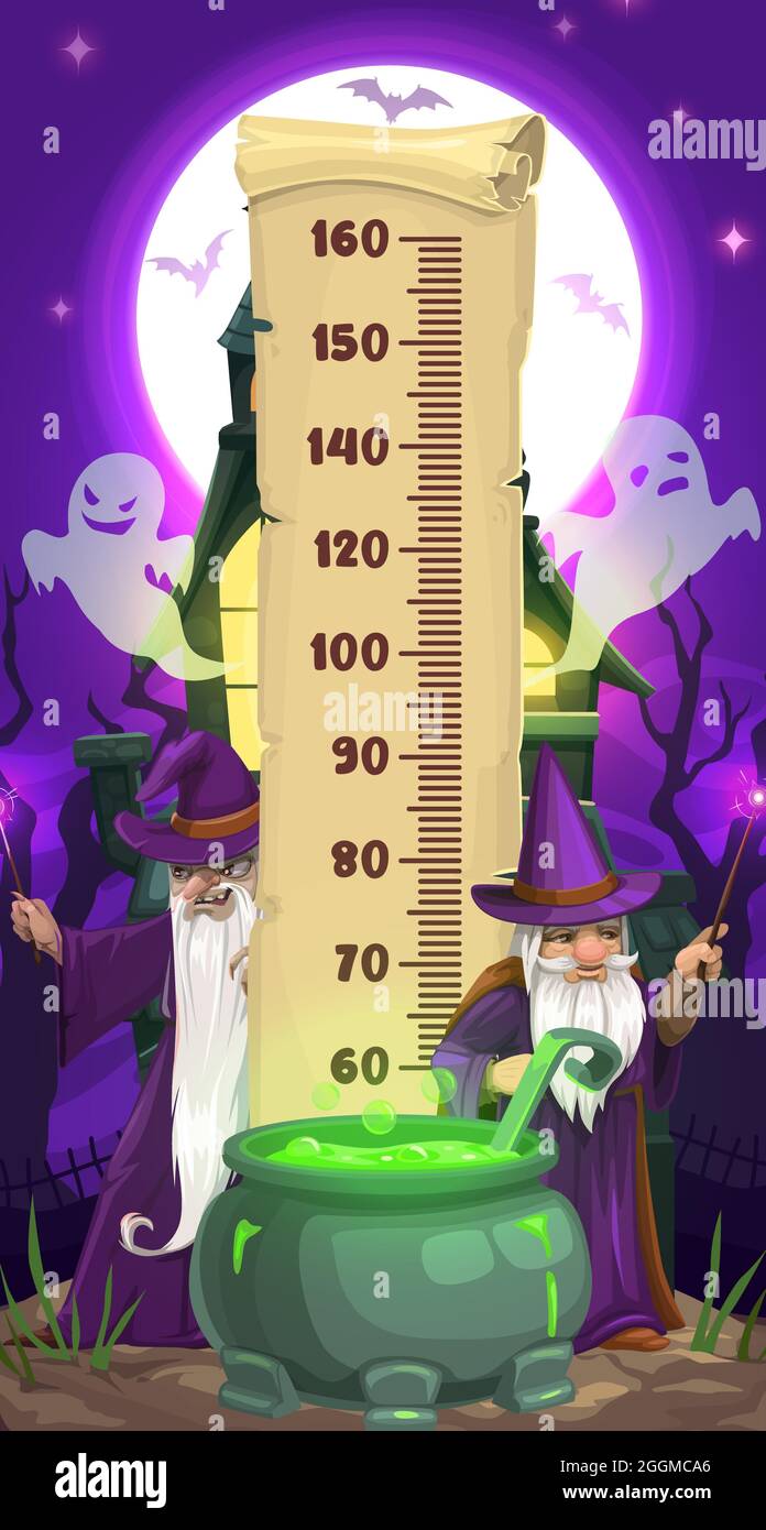 Halloween kids height chart with cartoon wizards and ghosts. Vector ...
