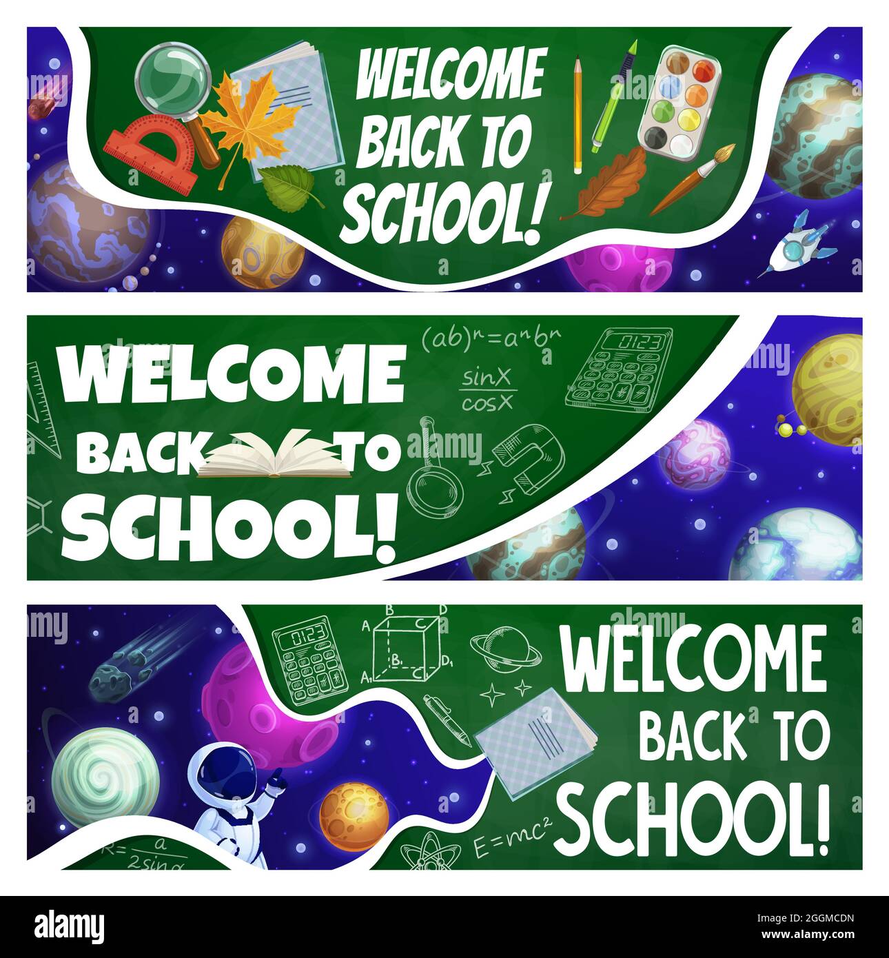 Back to school banners with cartoon galaxy, space planets, astronaut ...